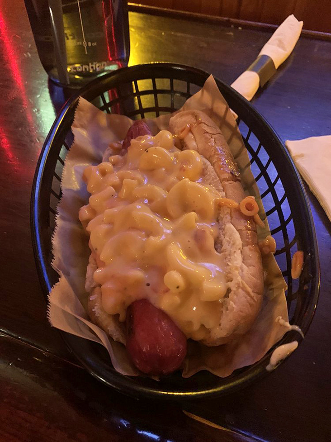 The mac and cheese hot dog—where childhood nostalgia meets grown-up indulgence in a beautiful, messy symphony of flavors.
