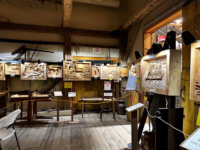 History comes alive through these intricate wood carvings, showcasing traditional crafts that shaped America's rural heritage.