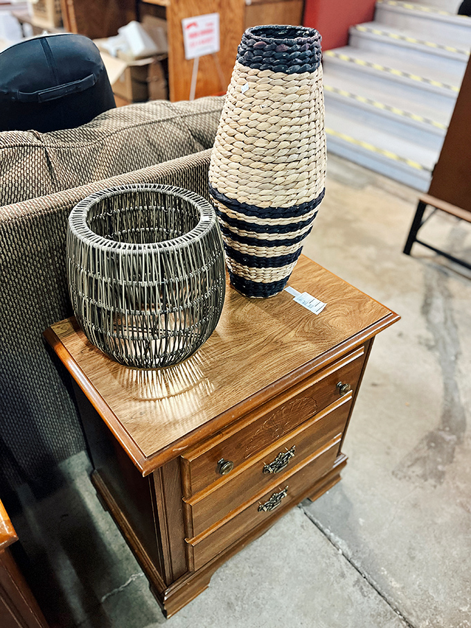 Handcrafted wooden drawers meet artisanal vases. Mid-century meets modern in this corner of affordable home styling possibilities.