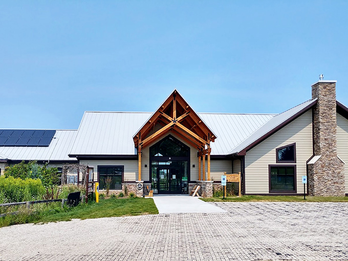 Woodland Dunes Nature Center welcomes visitors with timber-frame architecture that perfectly complements the natural surroundings it helps protect.
