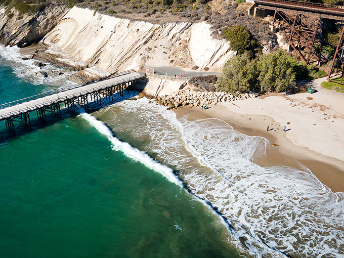 Bird's eye perfection: where mountains, beach, pier, and parking lot create California's most beautiful geometric pattern.
