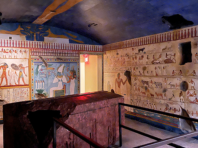 Step into a meticulously recreated Egyptian tomb, where vibrant wall paintings tell stories of gods, pharaohs, and everyday life along the Nile.