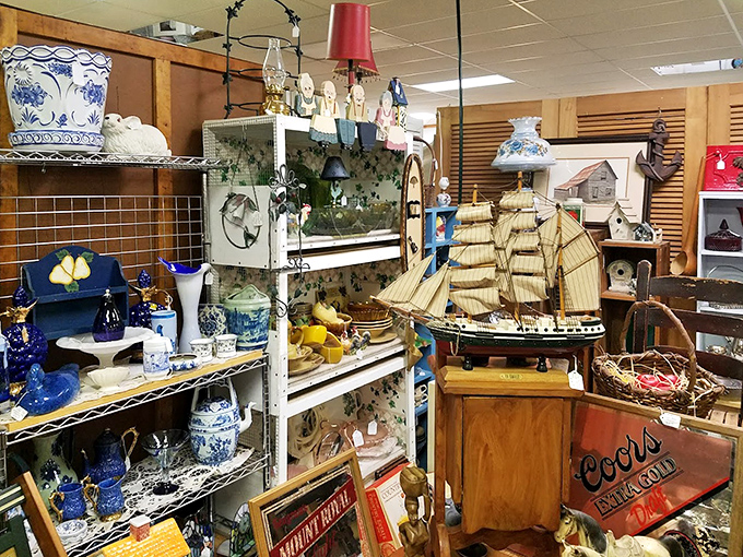 Maritime adventures await with this model sailboat, while blue and white porcelain stands ready to transform someone's china cabinet.