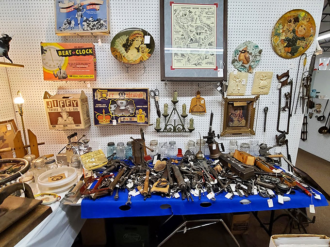 Tools that built America spread across blue cloth &ndash; each hammer and wrench holding the fingerprints of craftsmen long gone.