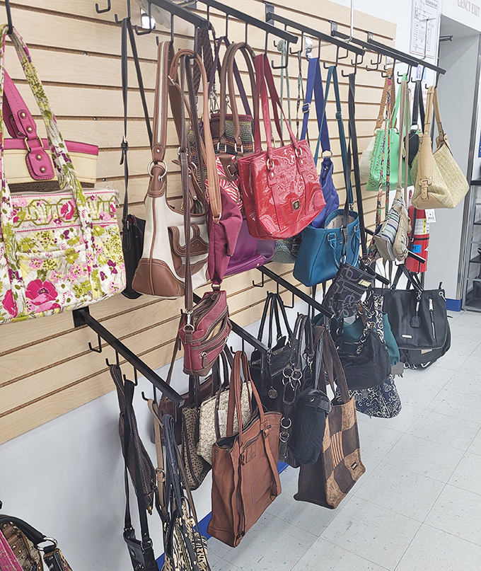 Handbag heaven! Designer purses and everyday totes hang like colorful fruit, ripe for the picking at a fraction of retail prices.