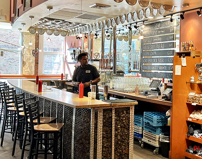 The bar area showcases the brewing equipment behind glass, where beer science happens before your very eyes&mdash;like Willy Wonka's factory, but for grown-ups.