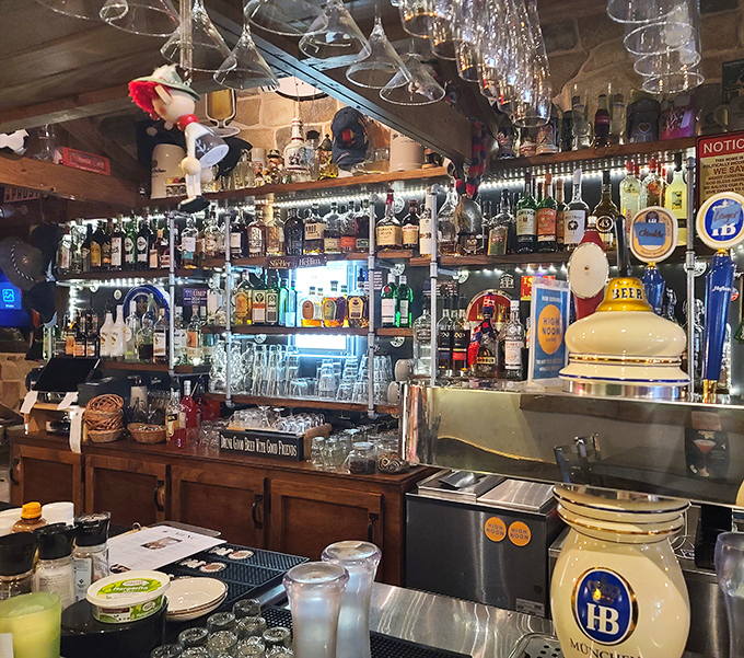 A bar that Oktoberfest would approve of. The impressive collection of spirits and steins suggests they take their liquid hospitality as seriously as their food.
