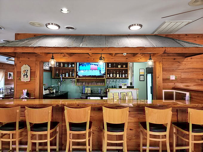 The bar area combines rustic charm with modern comfort &ndash; where locals gather to share stories over drinks and dinner.