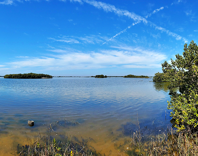 Water so still it looks Photoshopped, reflecting clouds that seem to be practicing their synchronized swimming routine.