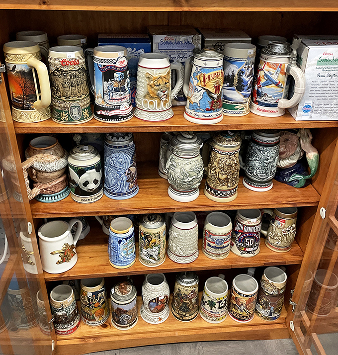 Beer stein heaven! These decorative mugs tell tales of Oktoberfests past and future, waiting for their chance to hold your favorite brew.