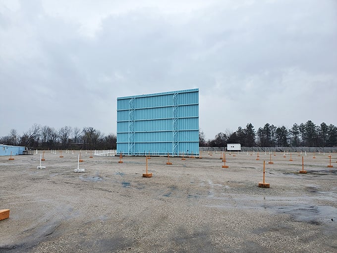The back of the big screen &ndash; cinema's backstage. This aqua-colored giant stands sentinel in the off-season, waiting for summer stories to tell.