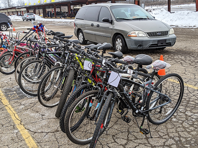 Two-wheeled treasures lined up like horses at a hitching post. Someone's next adventure is parked right here, waiting for new roads.