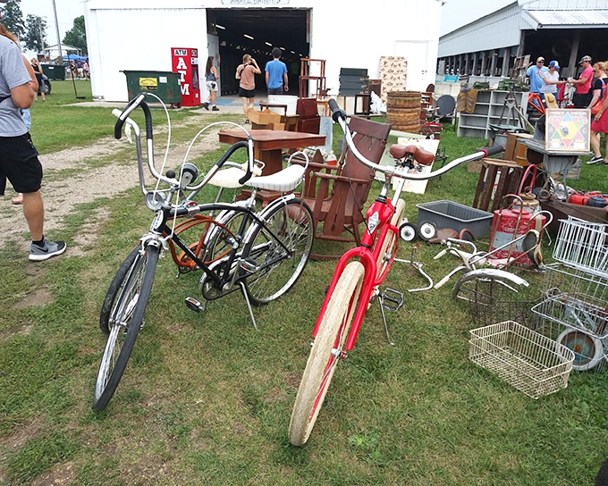 Vintage bicycles stand at attention, their chrome still gleaming in the Wisconsin sunshine, ready to pedal down memory lane with their next owner.
