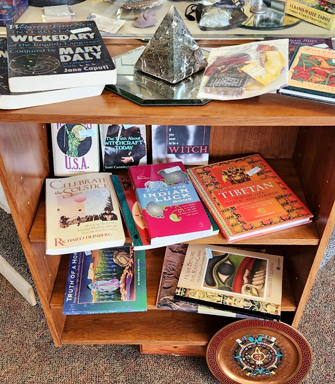 The metaphysical bookshelf – where Tibetan wisdom meets witchcraft primers. Your spiritual journey might start with a $3.99 paperback.