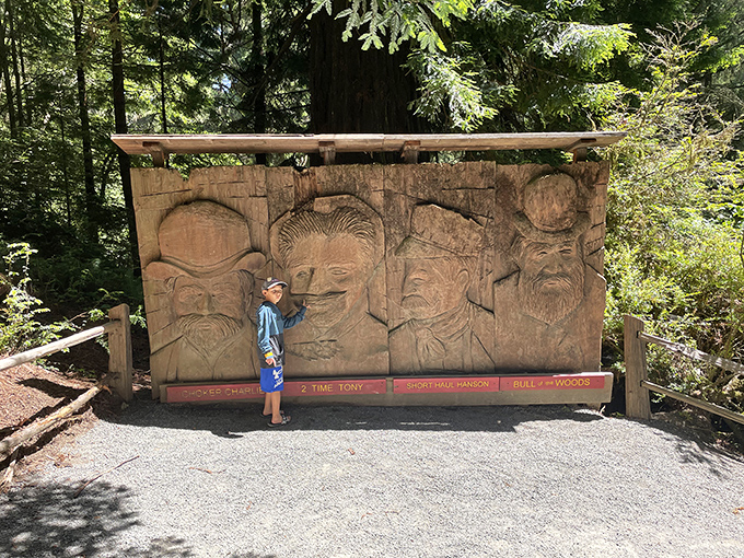 These carved wooden panels tell tall tales almost as impressive as the trees themselves. Nature and art in perfect harmony.