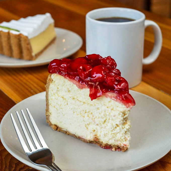 Cherry cheesecake that makes you wonder why you ever waste calories on lesser desserts. That graham cracker crust deserves its own fan club.