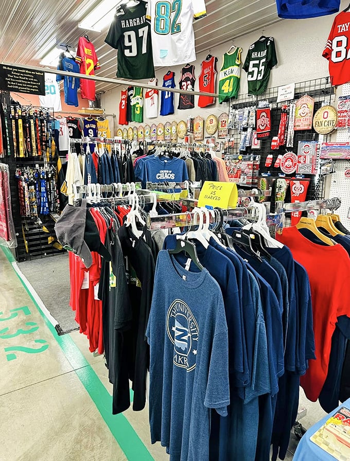 Sports fan heaven where team loyalty hangs in perfect rows. The only place where Browns and Bengals fans peacefully coexist.