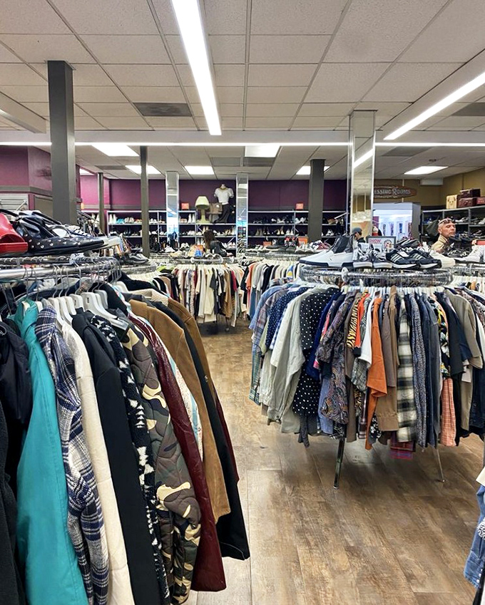A forest of clothing racks where fashion explorers can lose themselves for hours. The wooden floors have witnessed countless "eureka!" moments.