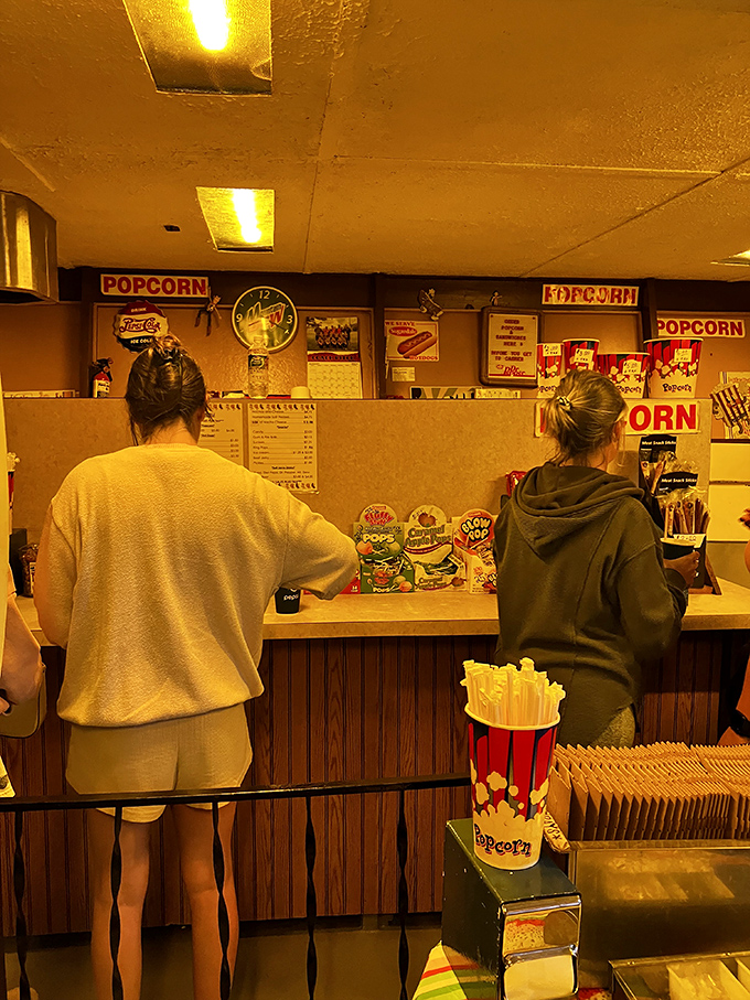 The heart of any drive-in experience: the concession stand, where buttery popcorn and candy fuel movie magic for generations of families.