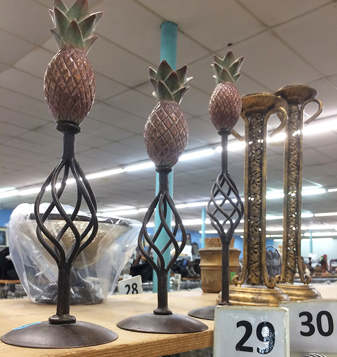 Pineapple finials and ornate candleholders that would make Martha Stewart swoon. Instant table glamour for less than a fancy coffee drink.