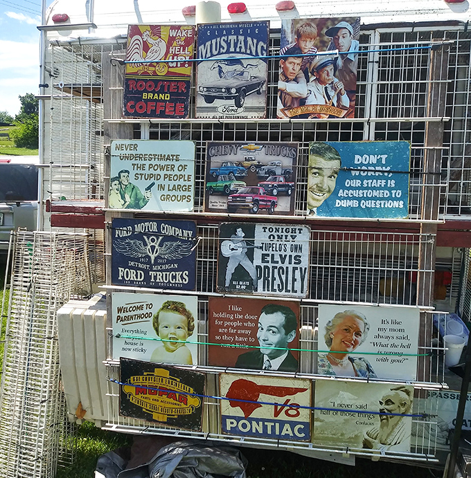 Nostalgia merchants selling memories by the square foot. These tin signs transform garages and man caves into time capsules of Americana.