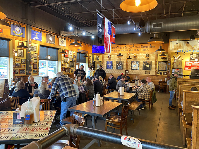 Noon at Mission BBQ means standing for the National Anthem, a daily tradition that transforms strangers into neighbors united by patriotism and pulled pork.