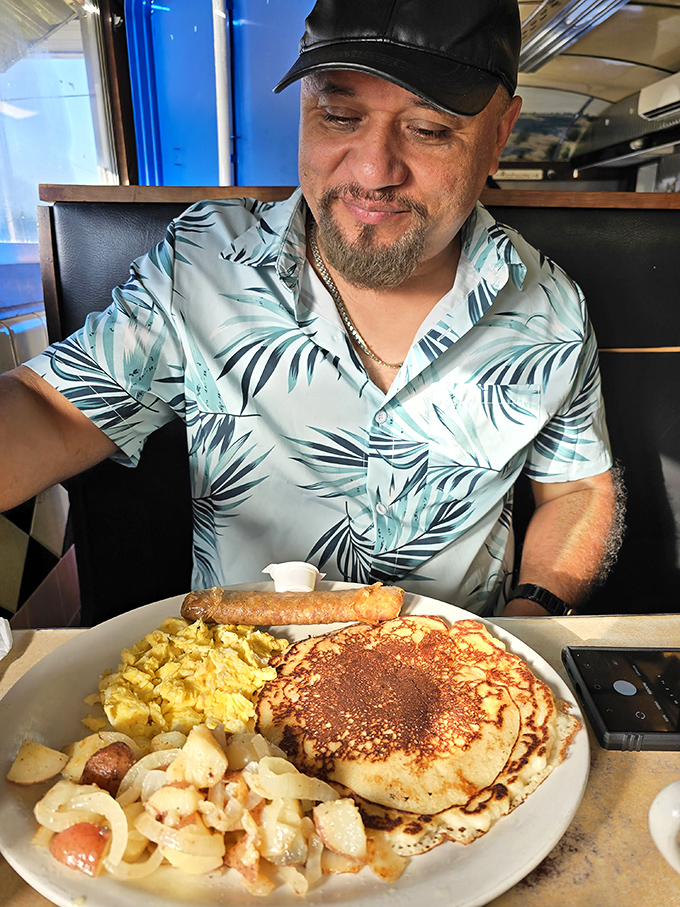 A breakfast spread that makes morning people out of night owls&mdash;golden pancakes, scrambled eggs, and potatoes that justify early rising.