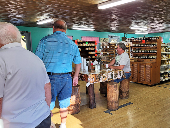The rustic counter setup&mdash;where tree stumps serve as display stands&mdash;proves that in Amish country, resourcefulness and charm go hand in hand.