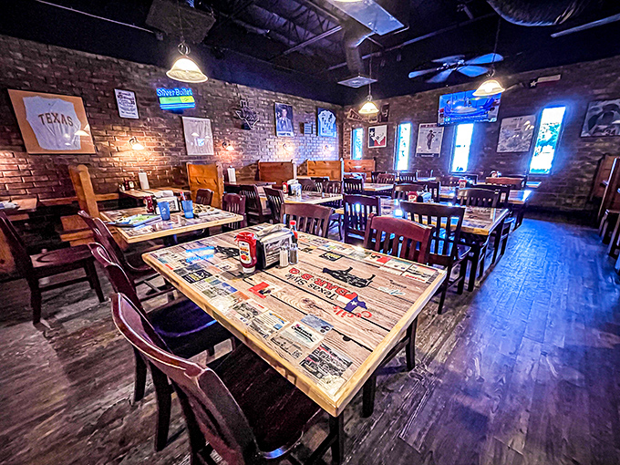 The dining room feels like the Texas living room you never knew you needed, with brick walls that have absorbed decades of satisfied sighs.