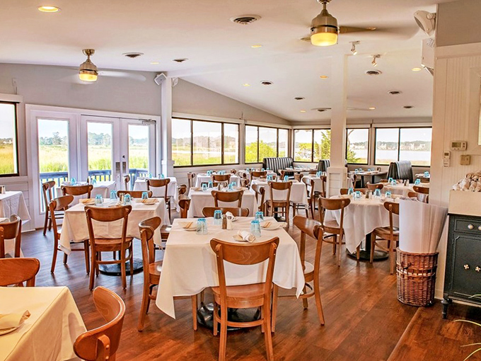 Sunlight streams through windows framing waterfront views, turning an ordinary lunch into a postcard-worthy Delaware dining experience.