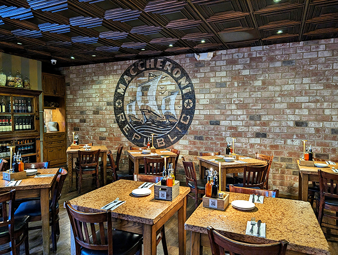 The restaurant's logo watches over diners like a pasta guardian angel, blessing each table with the promise of carbohydrate happiness.