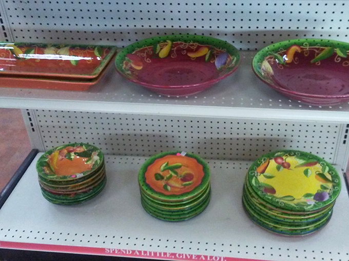 Colorful dinnerware with fruit motifs awaits its second act—perfect for that summer patio party or when the in-laws deserve something special.