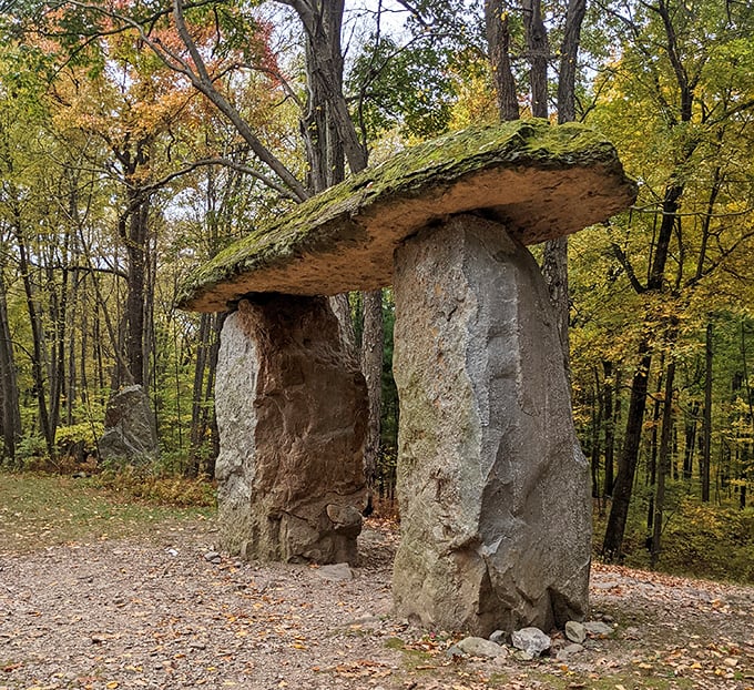 This dolmen structure would make Fred Flintstone jealous. Prehistoric-inspired architecture that somehow feels both ancient and timeless.