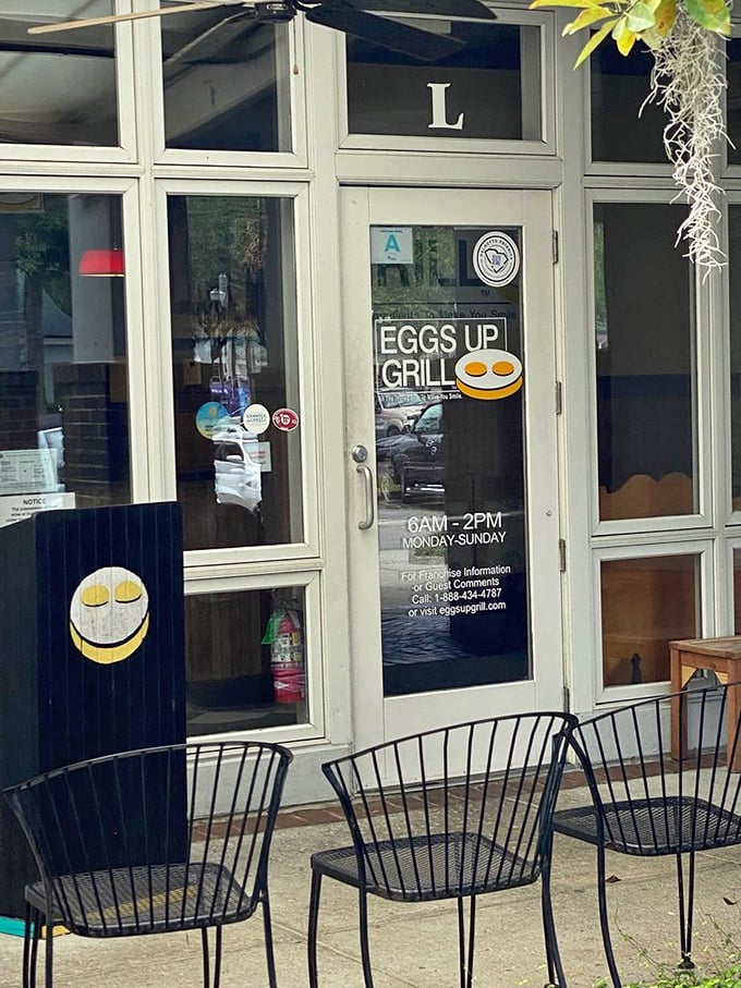 "Come in hungry, leave happy" might as well be written above this door. The smiling egg logo knows what awaits inside.