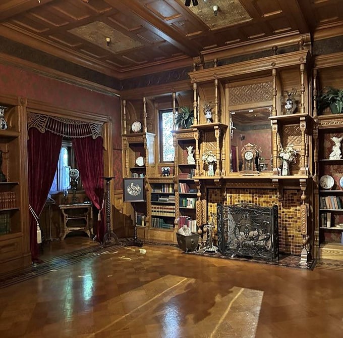 Rich wood paneling and ornate detailing showcase the no-expense-spared craftsmanship that went into creating this peculiar Victorian masterpiece.