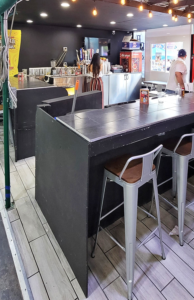 Modern food court meets old-school counter service, where hungry shoppers can pause their treasure hunt for a quick caffeine fix.