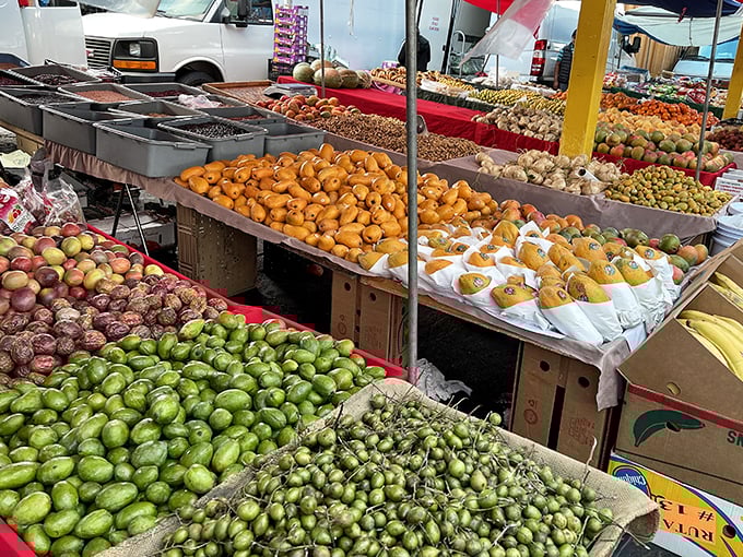 Nature's color palette on full display. These produce stands make grocery store fruit look like it's been living under fluorescent witness protection.