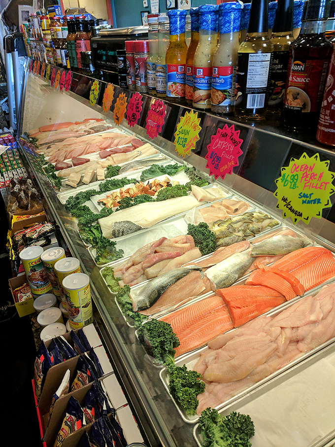 Fresh catch displayed with pride. This seafood case is the aquatic equivalent of a jewelry store&mdash;treasures under glass, just waiting to be claimed.