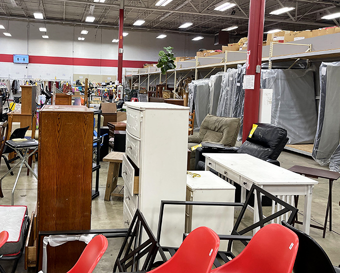 The furniture section resembles a living museum of American home decor through the decades. Mid-century modern mingles with 90s oak in perfect harmony.