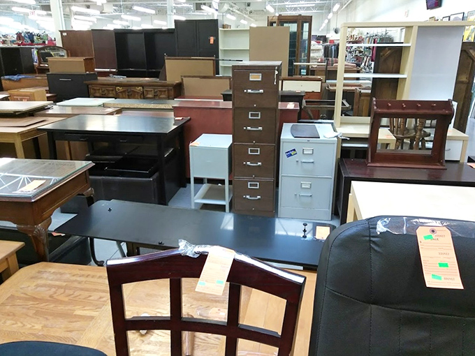 Office furniture that's seen some things but isn't telling&mdash;file cabinets that might have once held corporate secrets now ready for craft supplies.