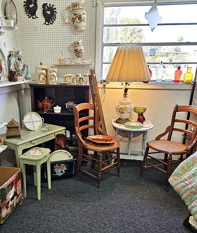 This cozy furniture vignette could be the set for a period film or your next living room. That lamp has illuminated countless bedtime stories.