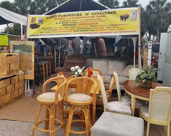 Yesterday's living rooms find new life at the furniture stalls, where vintage rattan chairs await their second act in someone's Florida sunroom.