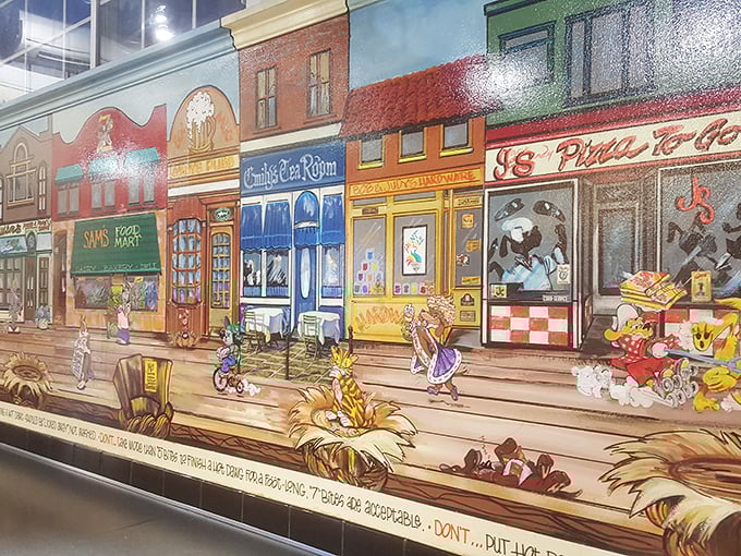 The hand-painted mural captures small-town Americana with whimsical charm—a visual appetizer before the main course of deliciousness arrives.