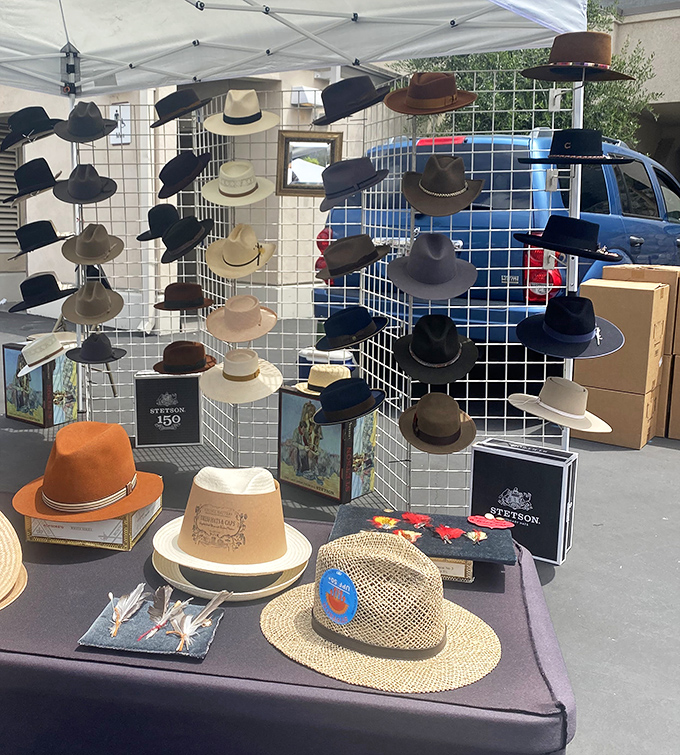 A hat display that would make Indiana Jones weep with joy. Finding your perfect Stetson or fedora is serious business here.