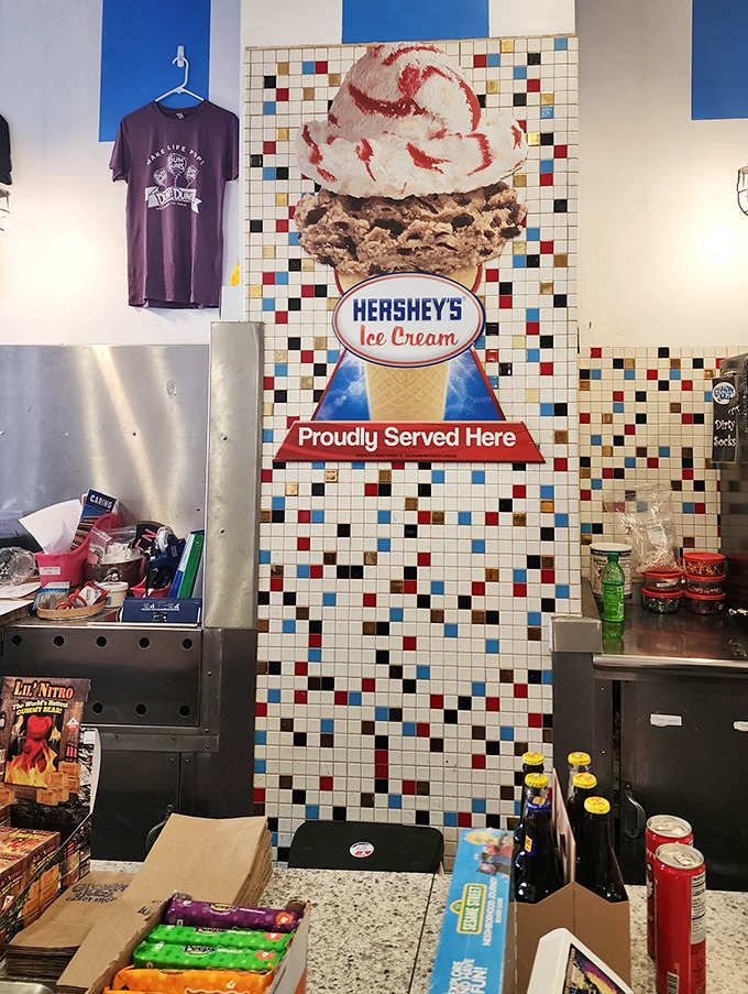 The mosaic-tiled ice cream counter area looks like it was designed by someone who understood that dessert should be both eaten and celebrated.
