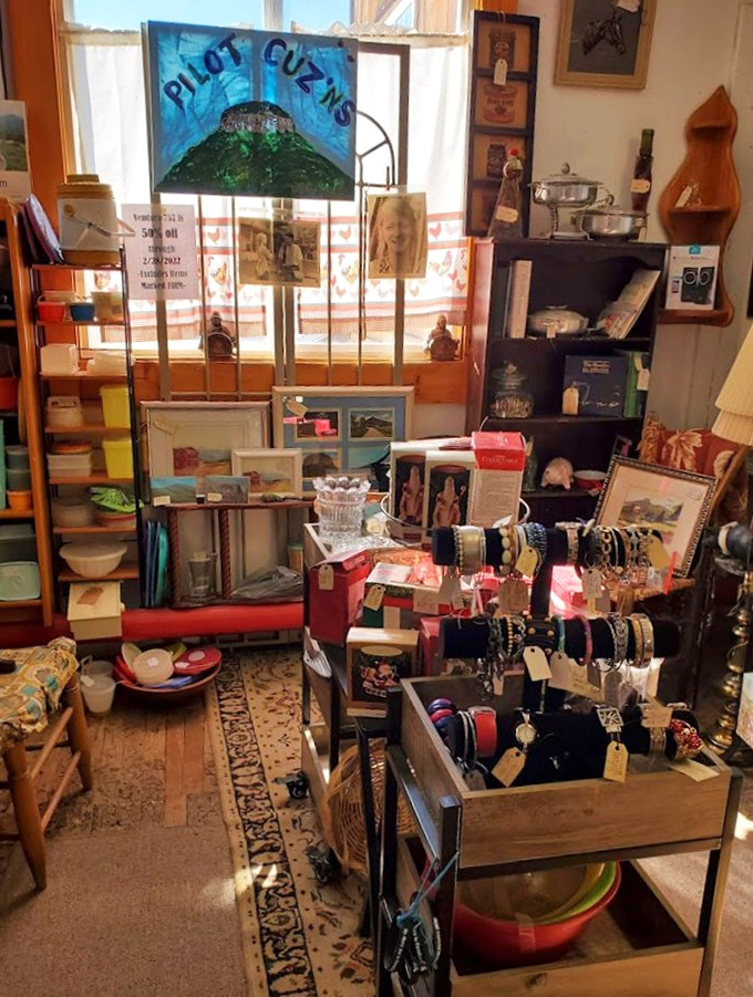 A treasure hunter's paradise where vintage jewelry, collectibles, and memories mingle under the watchful gaze of stained glass.
