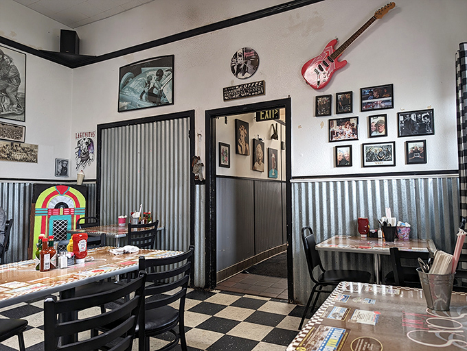 The walls tell stories of rock and roll legends while a jukebox stands ready to provide the soundtrack to your breakfast adventure.