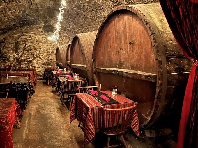Dining among massive wooden barrels feels like being invited to a secret feast in Bacchus's private cellar. Pure theatrical dining at its finest.