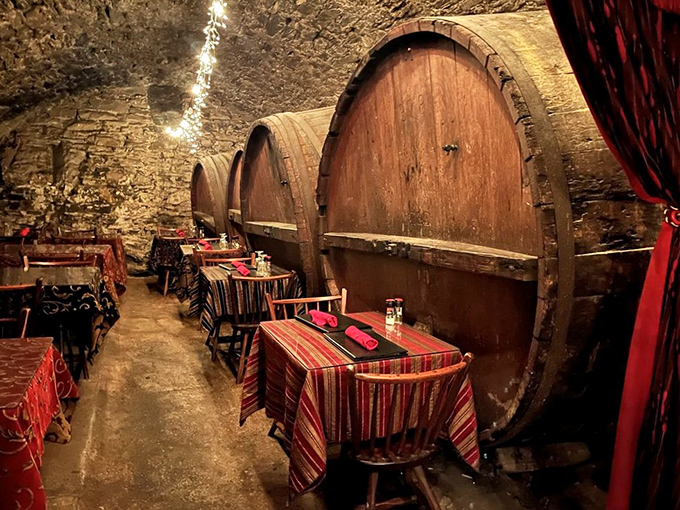 Dining among massive wooden barrels feels like being invited to a secret feast in Bacchus's private cellar. Pure theatrical dining at its finest.