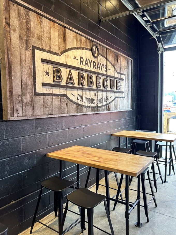 Industrial-chic meets smoke-house practicality. Those wooden tables aren't just furniture&mdash;they're front-row seats to the best show in Columbus.